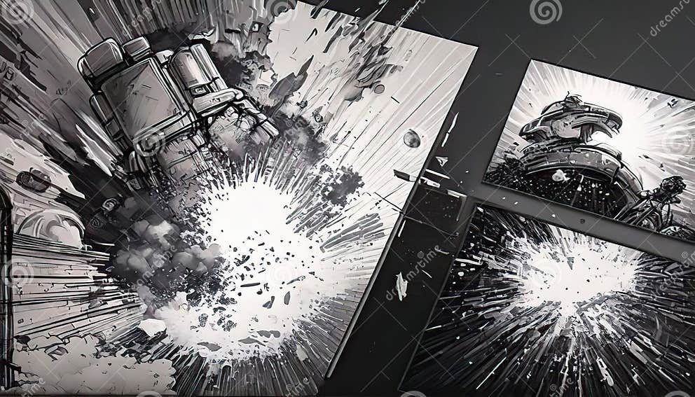 Dynamic Black and White Comic Explosion with Action Scenes Stock ...