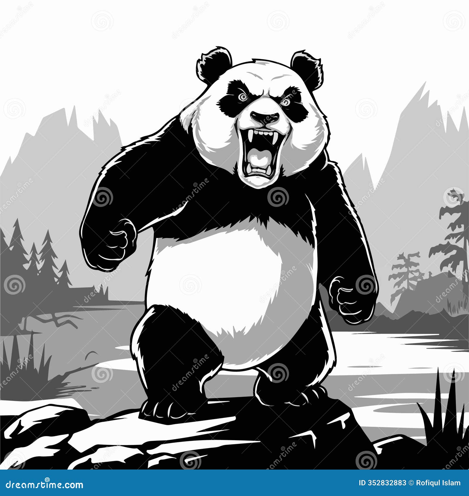 Black-and-white Vector Illustration Depicting an Angry Panda Stock ...