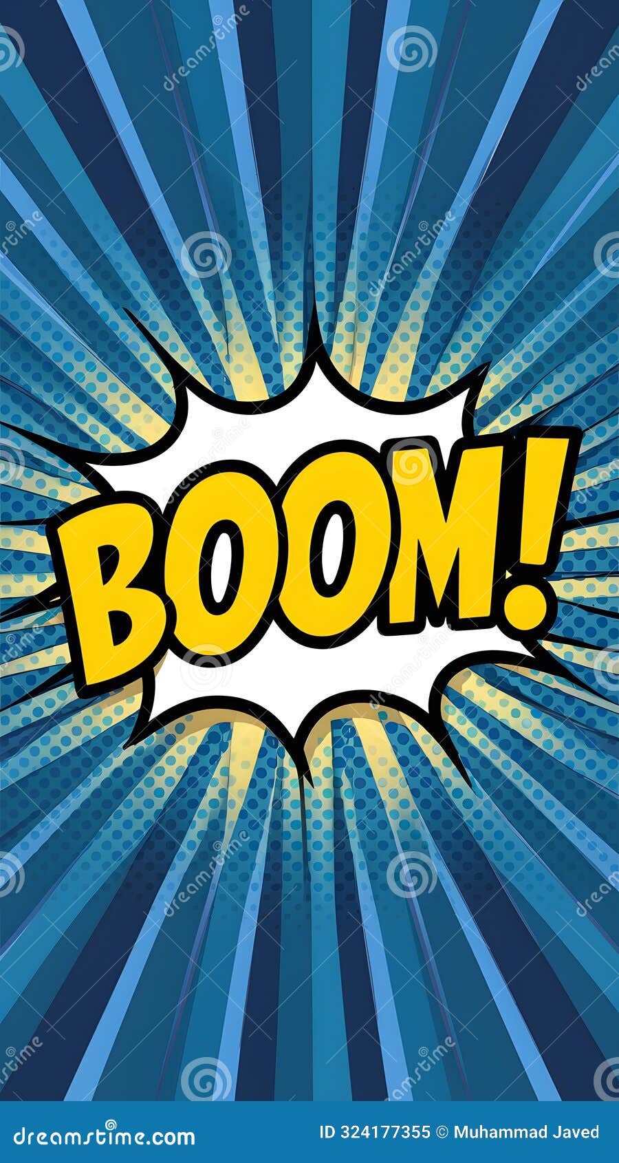 Dynamic Blast Comic Style BOOM! with Yellow Letters, Dotted Blue ...
