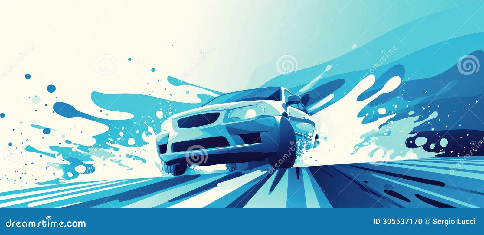 Dynamic Blue Car Splashing through Water, Illustrated. Digital ...