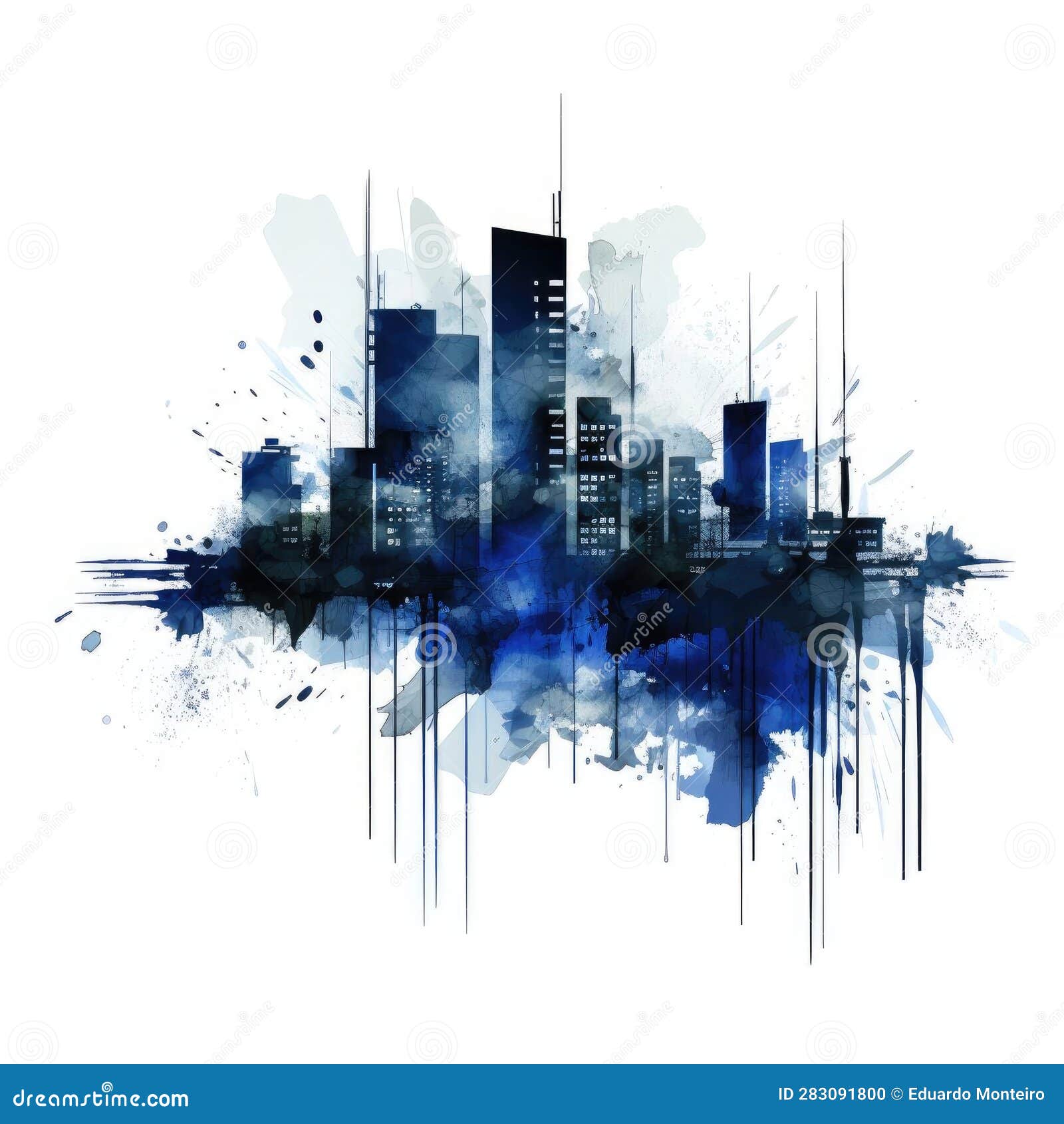Dynamic Blue City Skyline Art with Drips and Splatters Stock ...