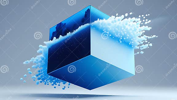 Dynamic Blue Cube with Abstract Particle Explosion Background Stock ...