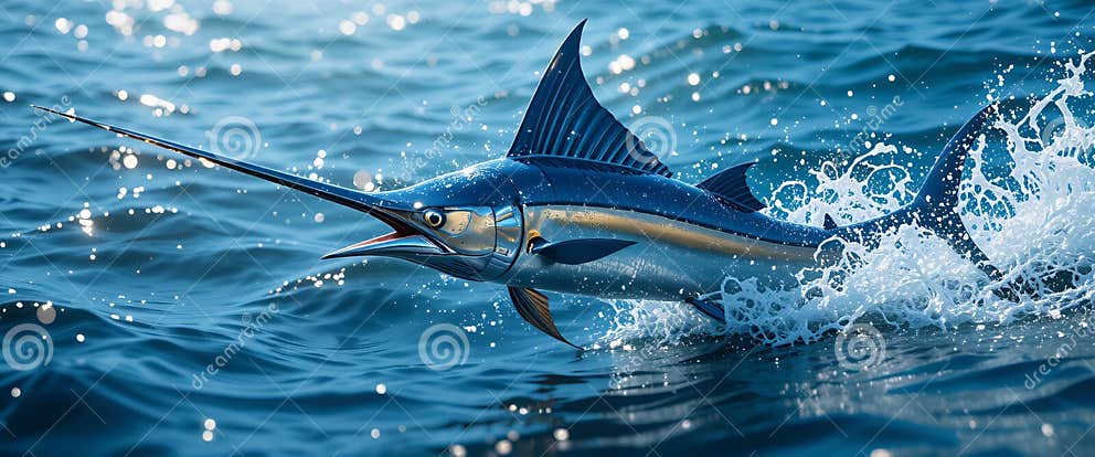 Dynamic Blue Marlin Leaping from Ocean Waves Stock Illustration ...