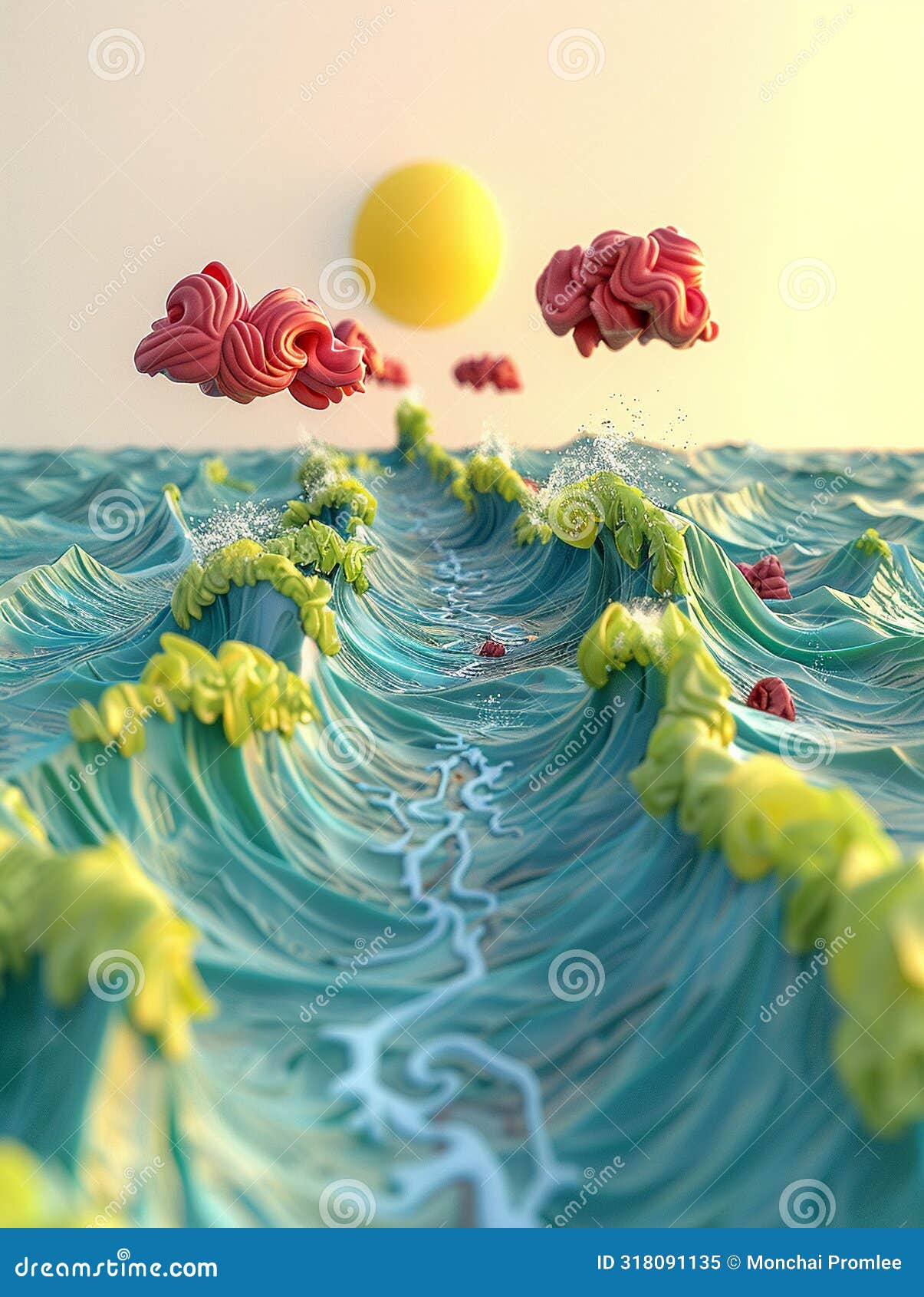 Dynamic Brain Waves on Ocean, Sunrise Lighting, Sweeping Aerial View ...