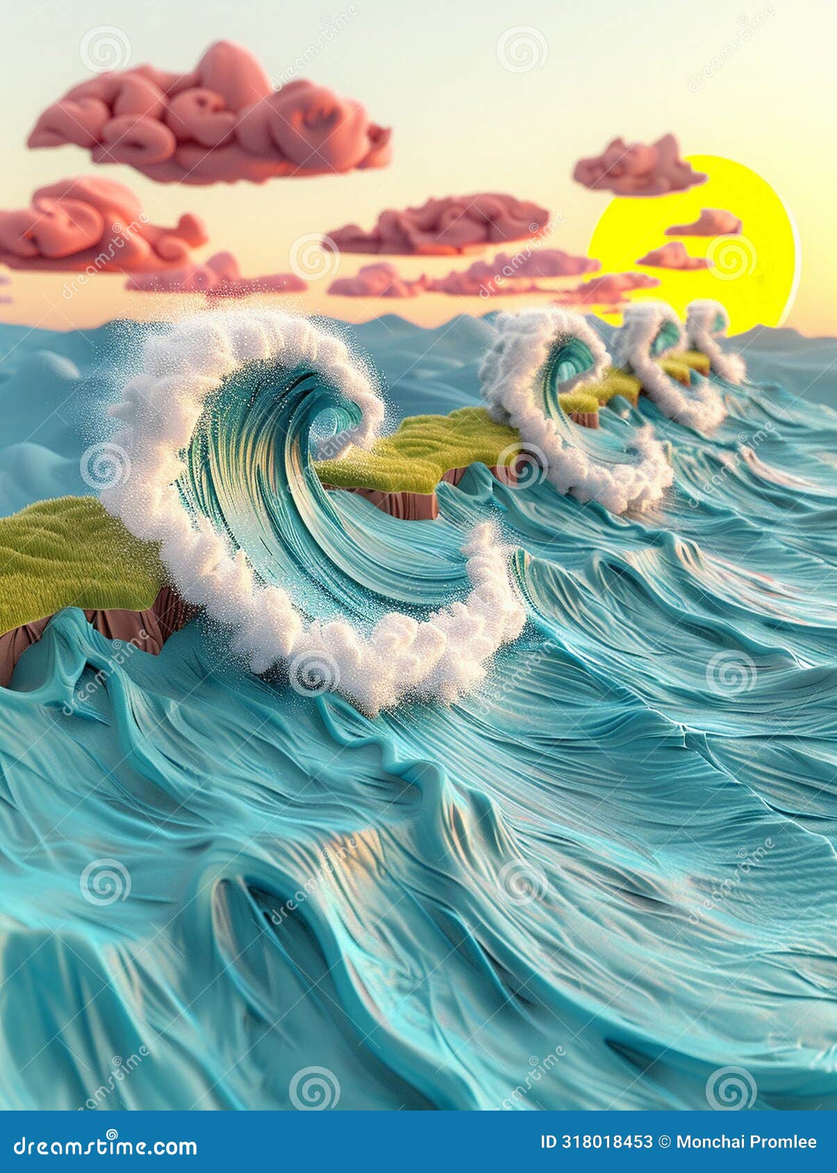 Dynamic Brain Waves on Ocean, Sunrise Lighting, Sweeping Aerial View ...