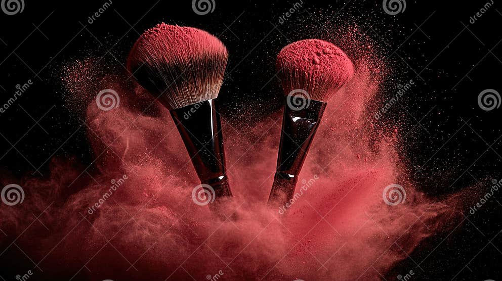 Dynamic Burst of Vibrant Red Makeup Brushes with Powder Explosion Stock ...