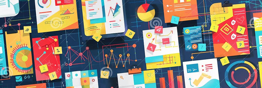 Dynamic Business Charts and Graphs on a Blue Wall with Sticky Notes and ...