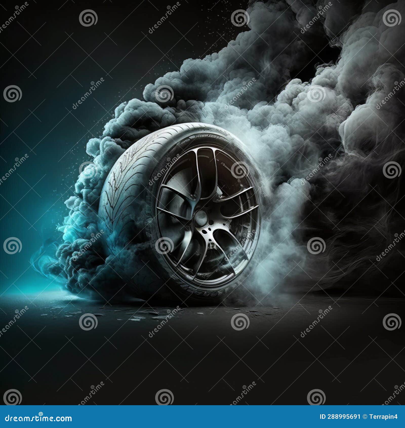 High Performance Tire Spinning Causing Smokey Background, Blue Ambient ...