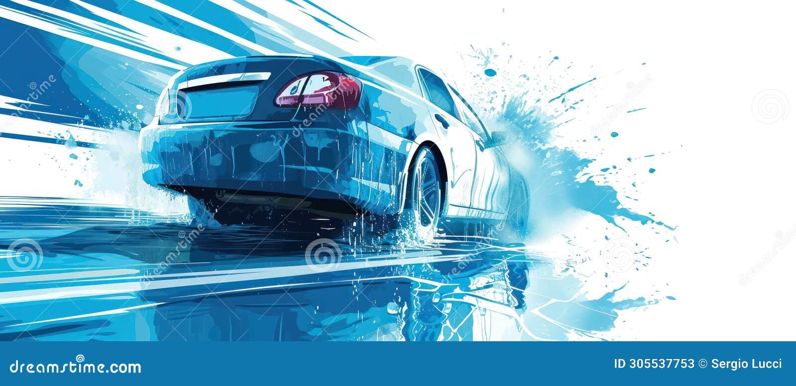 Dynamic Car Artwork with Blue Splashes. Digital Illustration. Stock ...