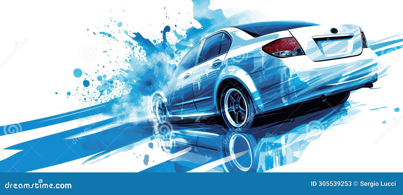Dynamic Car Artwork with Blue Splashes. Digital Illustration. Stock ...