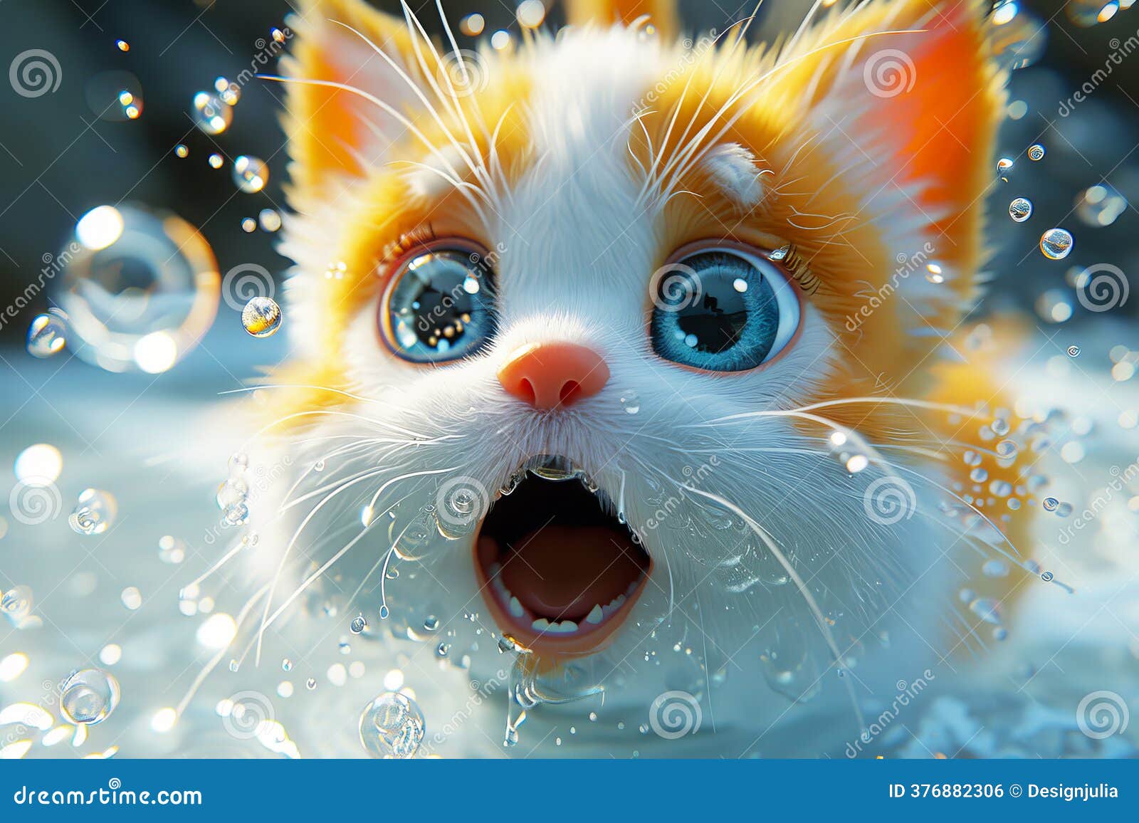 Dynamic Caricature Of A Black Cat With Startled Eyes In Soapy Foam And ...