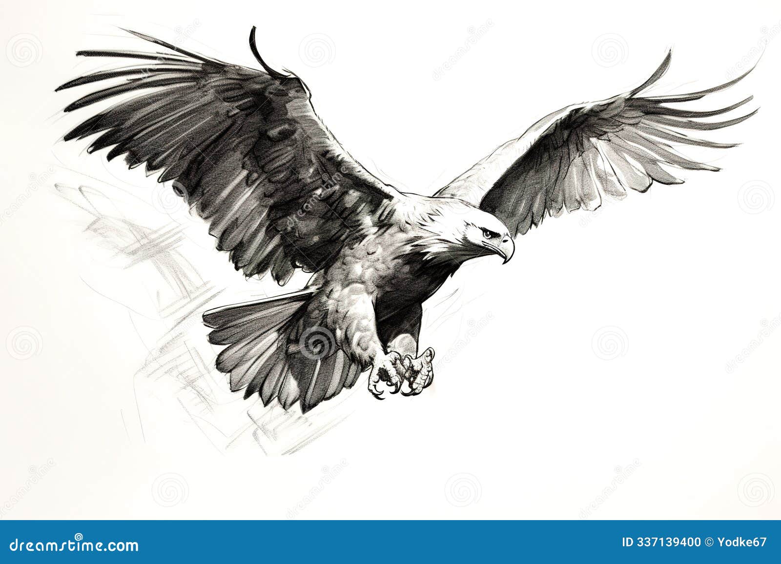 Dynamic Charcoal Sketch of an Eagle in Mid-flight with Wings Spread ...