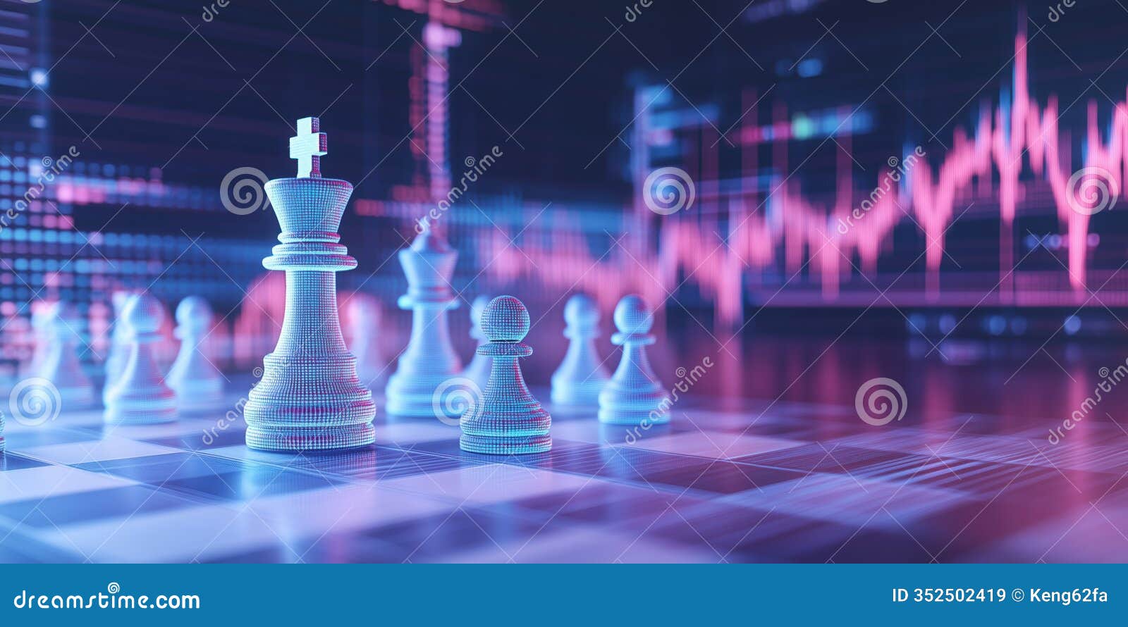 Dynamic Chess Scene with Glowing Pieces and Digital Background Stock ...