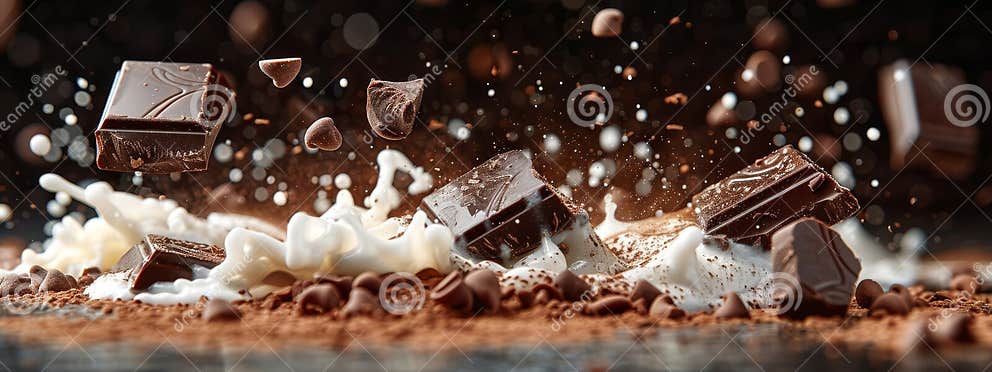 Dynamic Chocolate Explosion with Flying Pieces and Cocoa Powder Stock ...