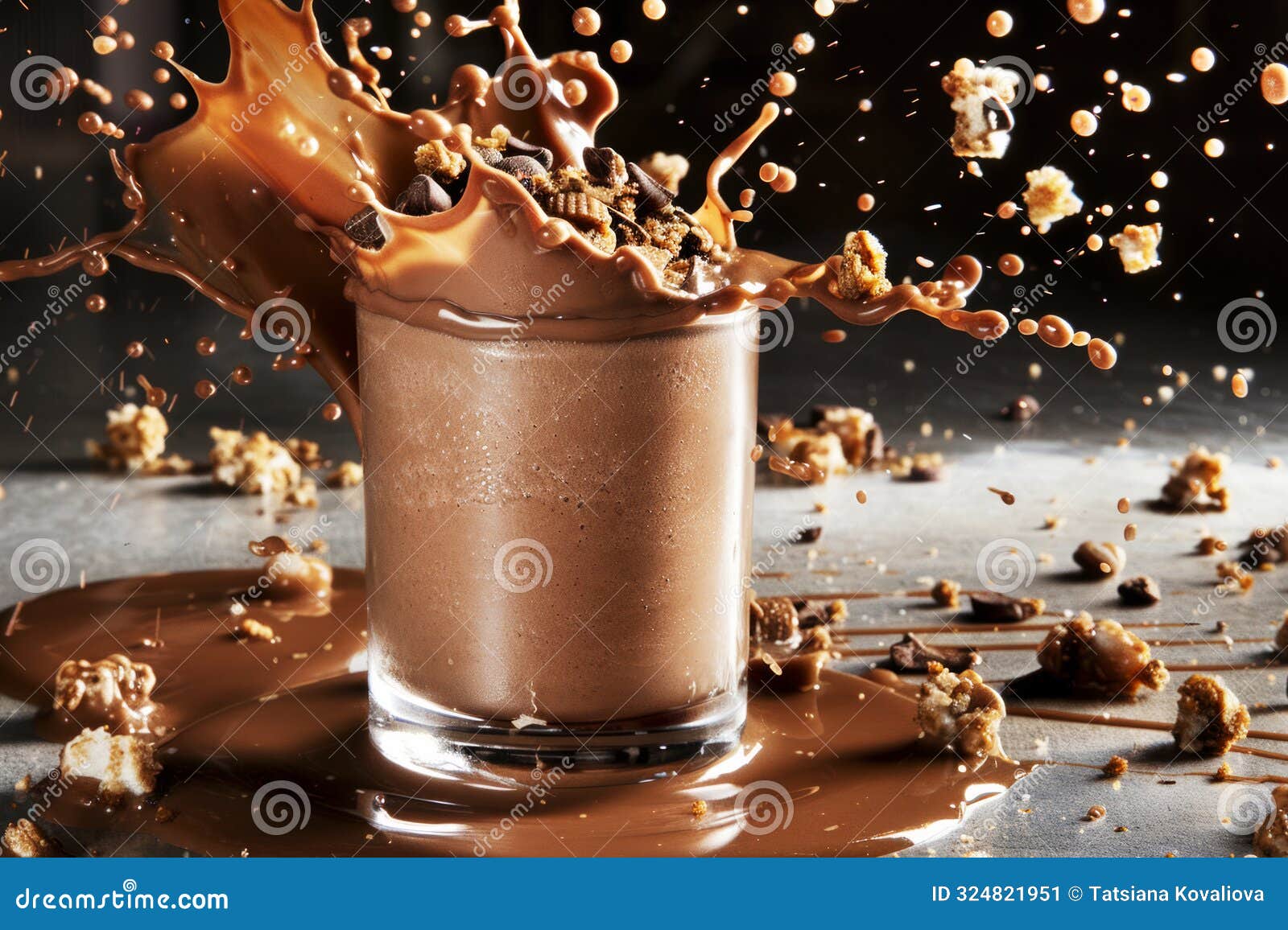 Dynamic Chocolate Milk Splash with Crumbs on Table Captures Energy and ...