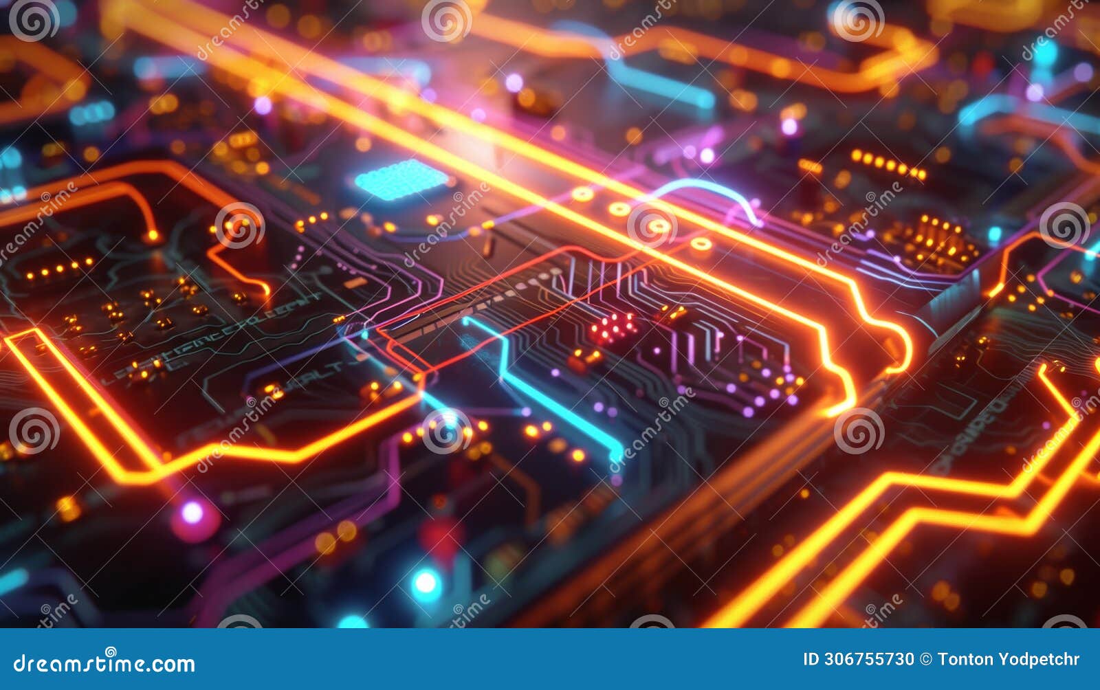 Dynamic Circuit Board with Electric Neon Traces Stock Illustration ...