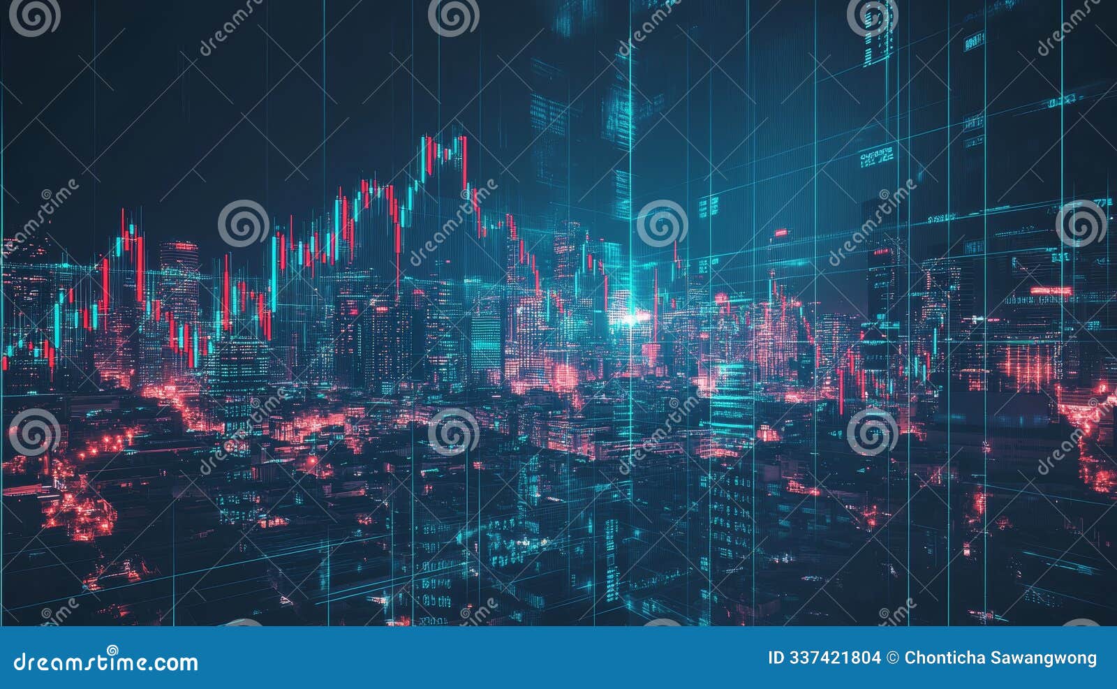 Dynamic City Skyline with Colorful Data Visualizations Representing ...