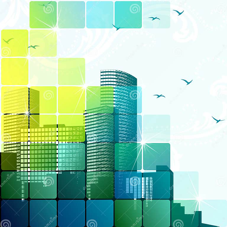 Dynamic cityscape in green stock vector. Illustration of copyspace ...