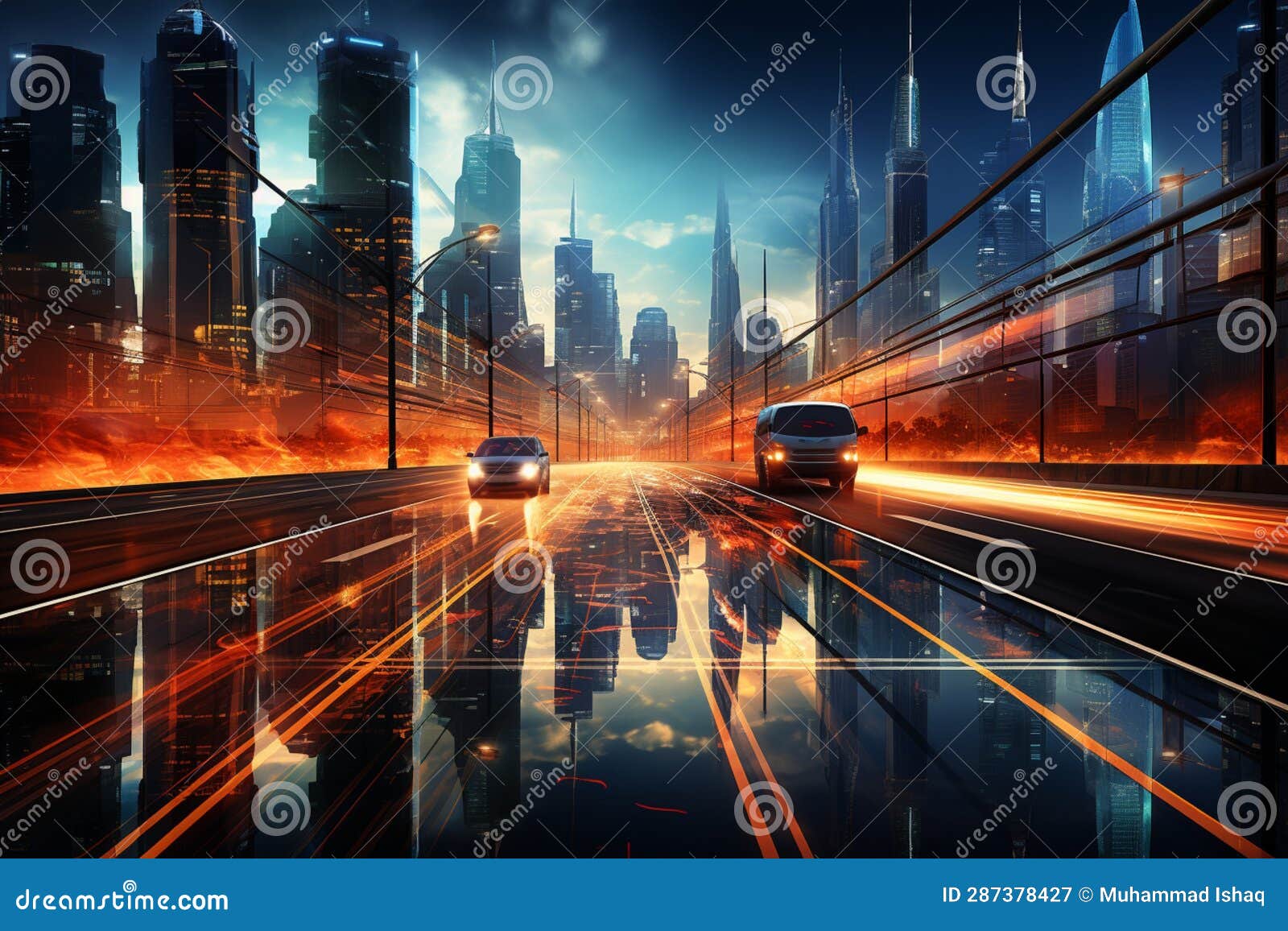 Dynamic Cityscape, Light Trails Trace Modern Building, Creating a ...