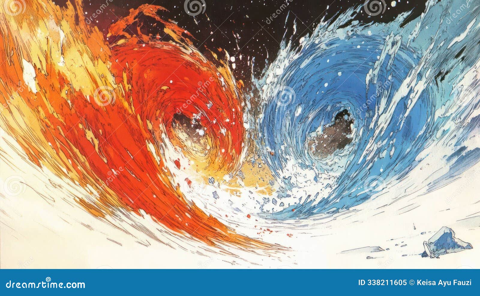 A Dynamic Clash of Red and Blue Waves, Symbolizing Elemental Forces in ...