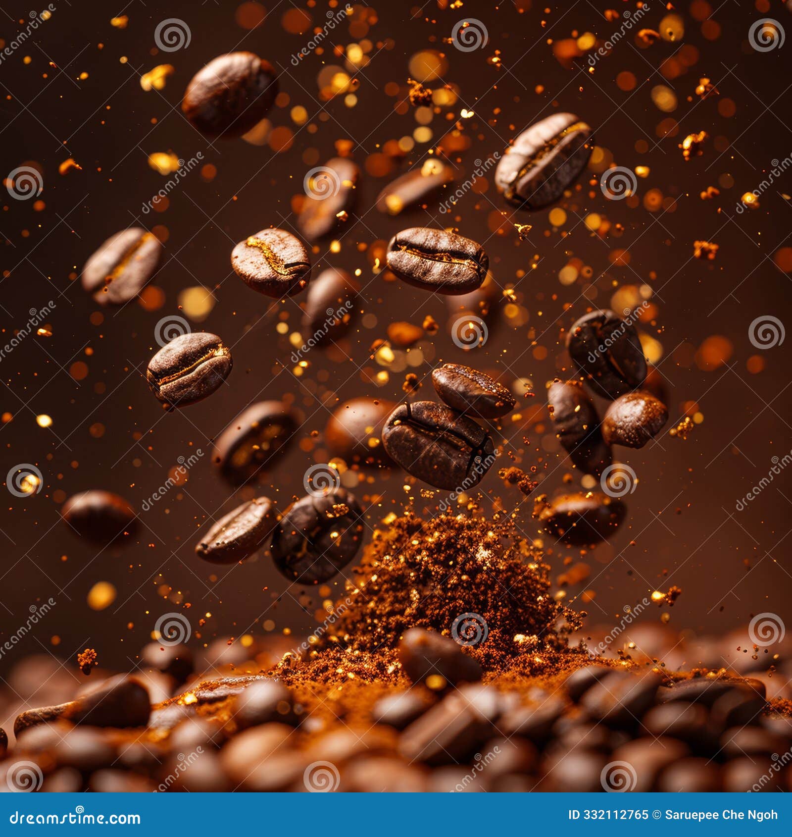 Dynamic CloseUp of Coffee Beans in MidAir with Ground Coffee Particles ...