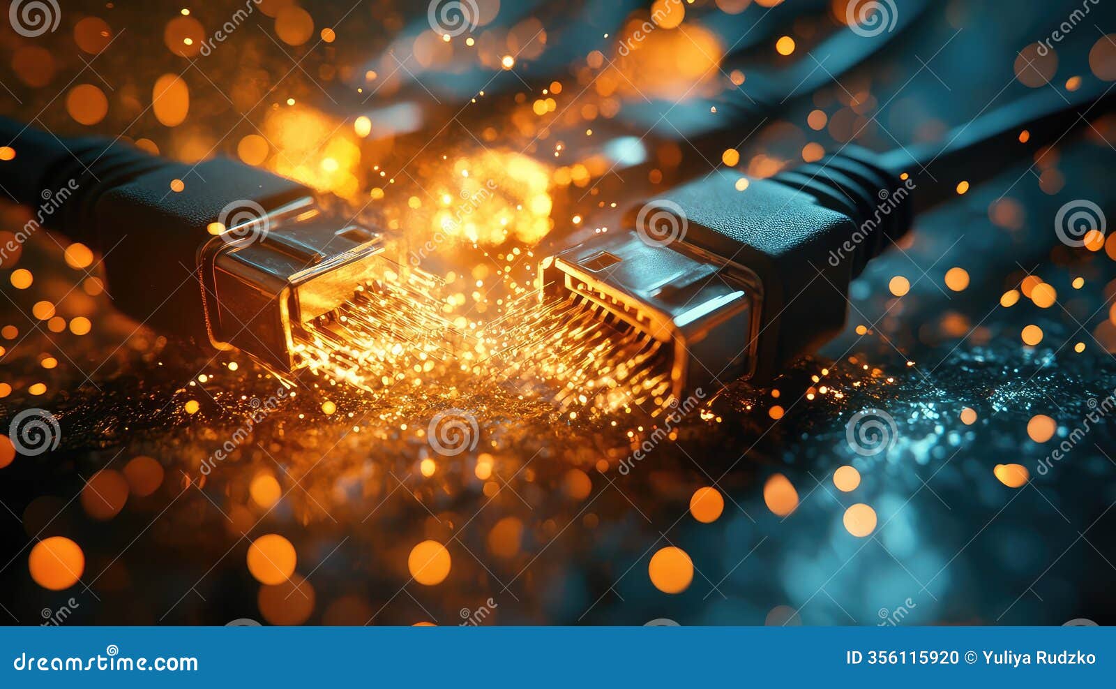 Dynamic Close-Up of Ethernet Cables with Sparks Flying at Connection ...