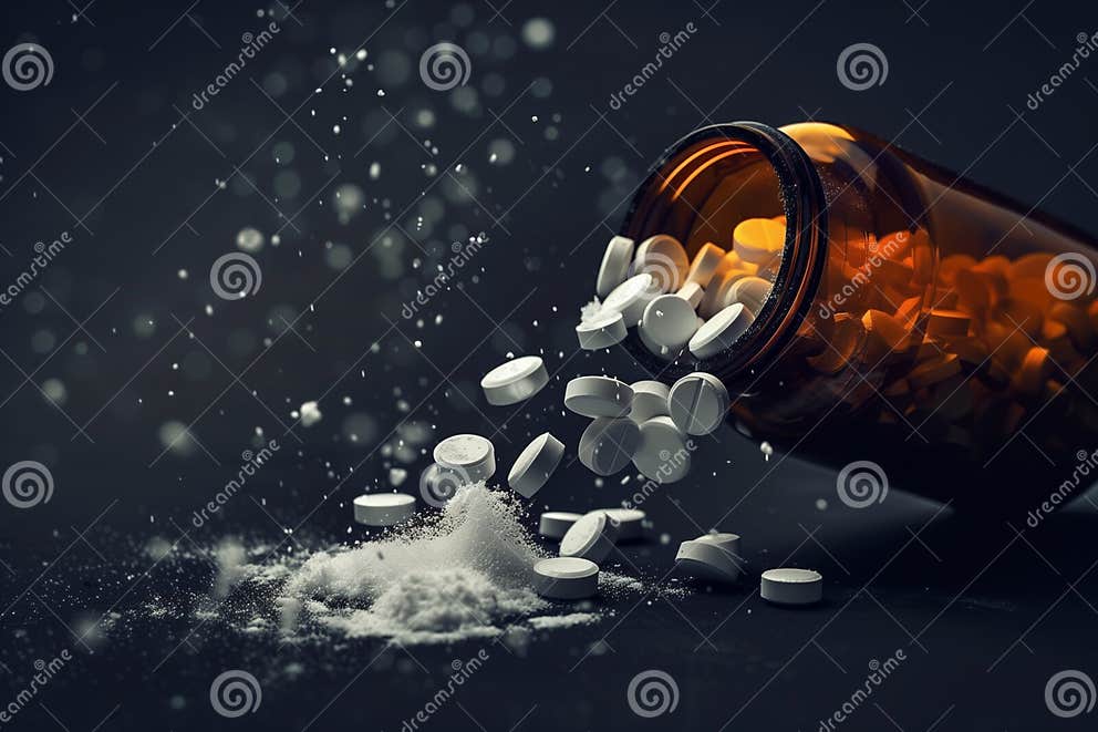Dynamic Close-up of Pills Spilling from a Bottle with Dramatic ...