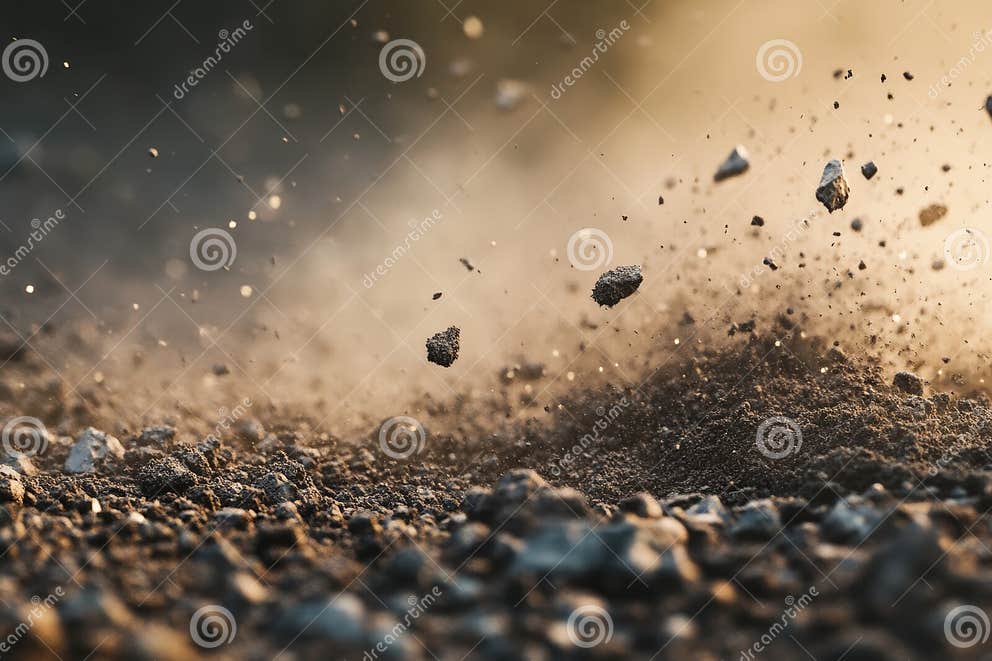 Dynamic Close Up of Soil and Rocks in Motion, Capturing Dust and ...