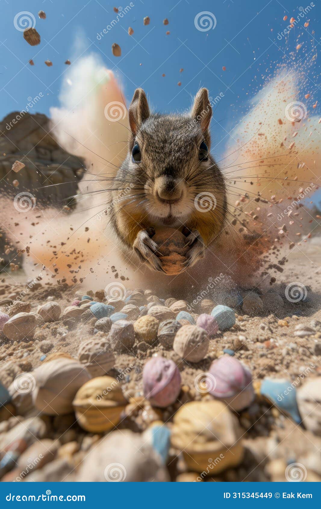 Dynamic Close Up of Squirrel Mid Action with Exploding Soil and Pebbles ...