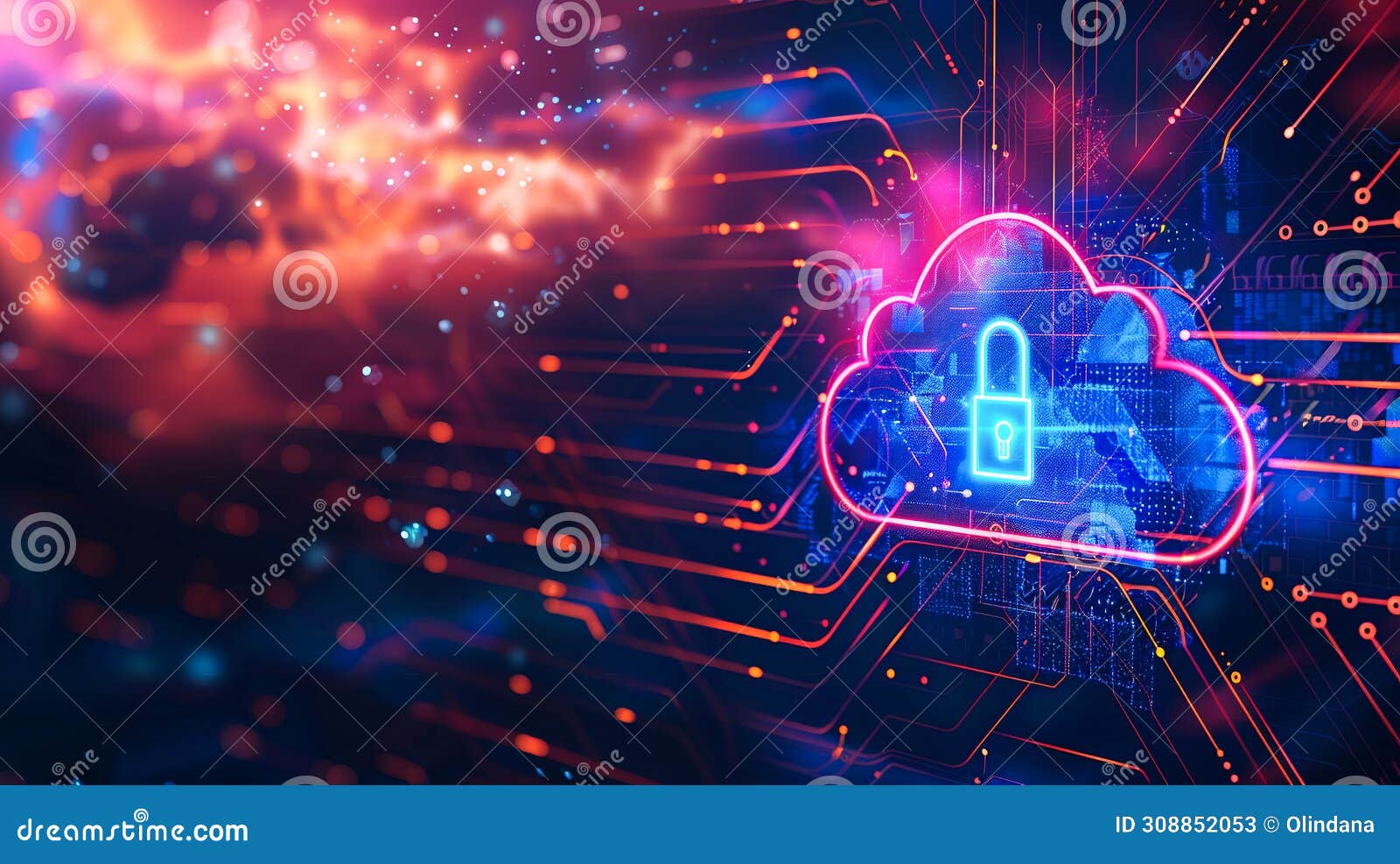 Dynamic Cloud Security Hologram with Cyberspace Symbols in Blue Purple ...