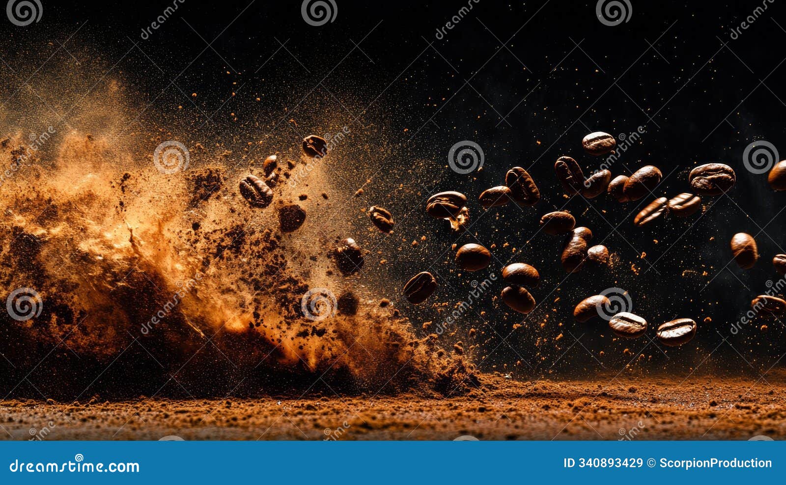 Dynamic Coffee Beans and Powder Explosion in a Dark Background Stock ...