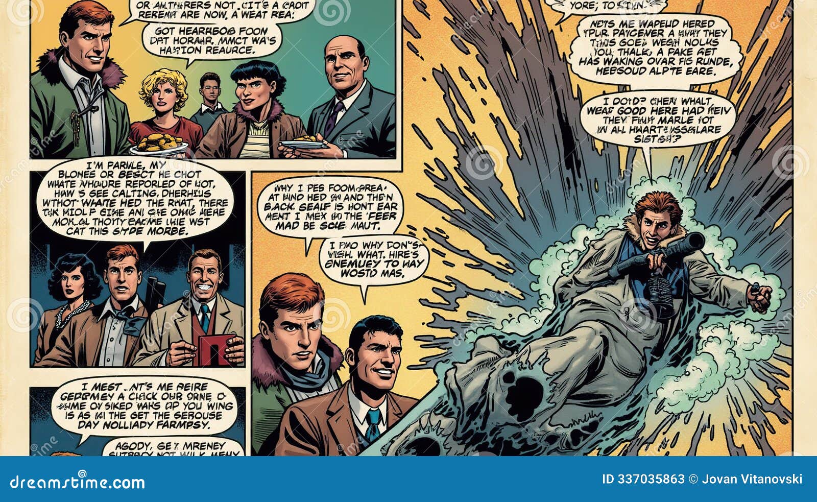 Dynamic Comic Book Layout with Speech Bubbles and Characters Stock ...