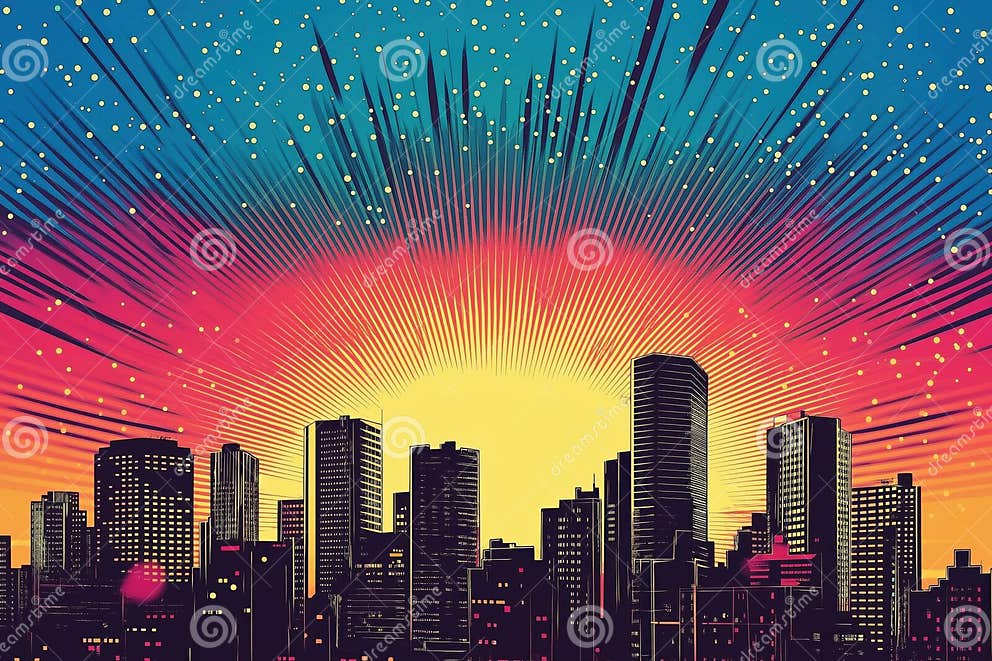 Dynamic Comic Book Style City Silhouette with Sunset Rays Stock Photo ...