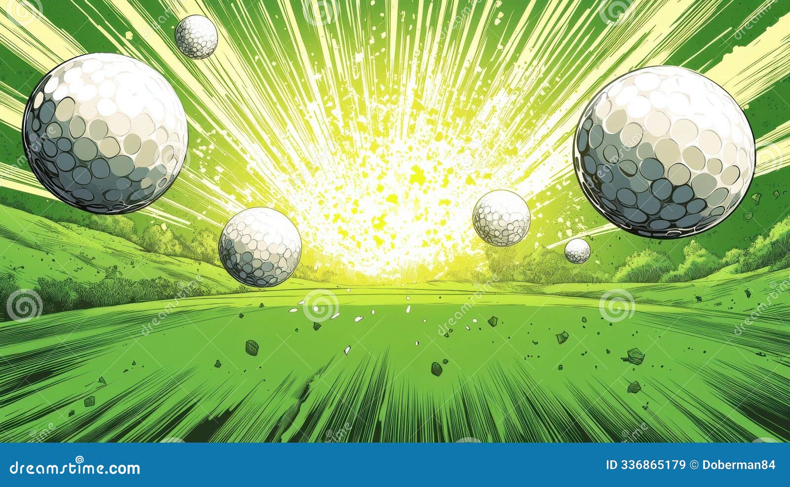 Dynamic Comic Book-style Golf Scene with Exploding Energy and Flying ...