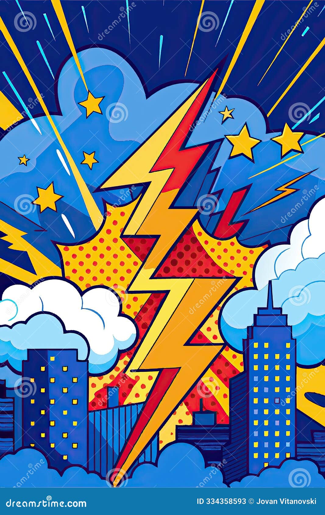 Dynamic Comic Style Cityscape with Vibrant Lightning and Clouds Stock ...