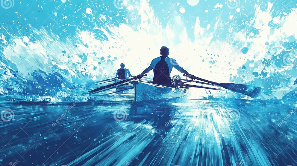 Dynamic Comic-style Rowing Scene with Two Athletes in a Splash-filled ...
