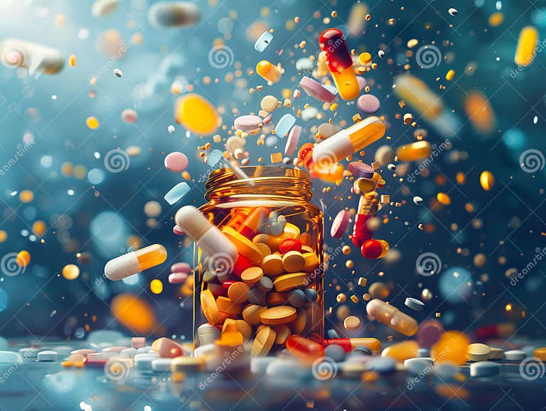 Dynamic Composition of Assorted Pills and Capsules Spilling from a ...