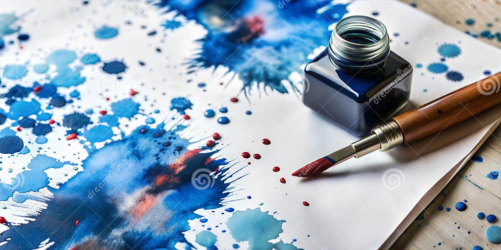 Dynamic Composition Featuring Blue and Red Ink Splatters on White Paper ...