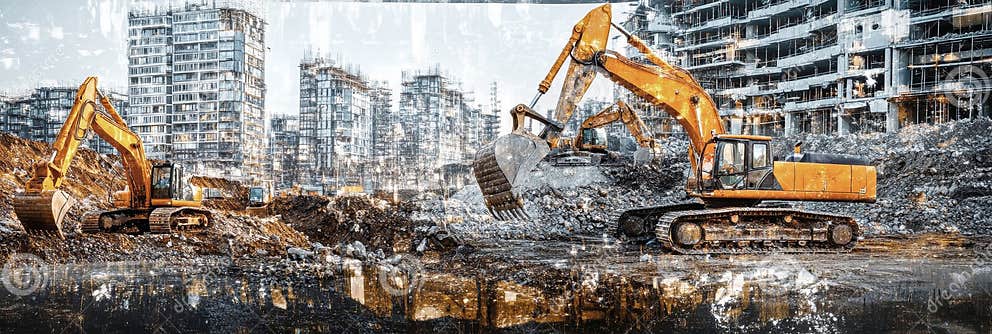 Dynamic Construction Activity Featuring Excavators and Trucks Amidst ...