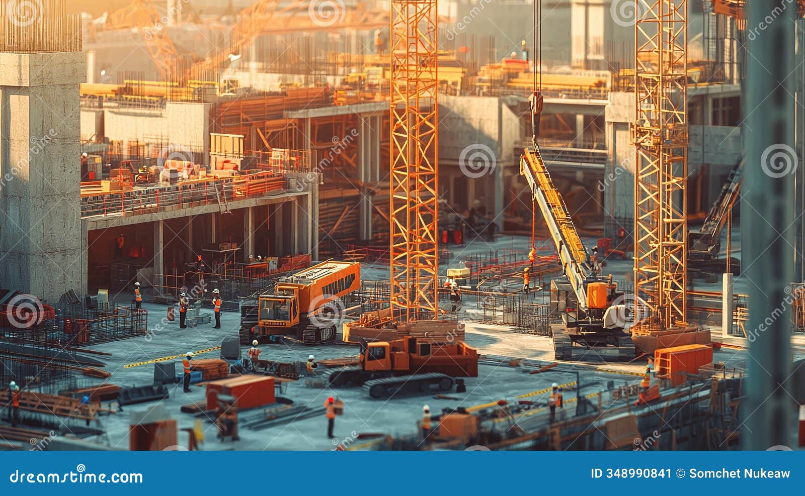 Dynamic Construction Site. Workers, Cranes, Building. Industrial Energy ...