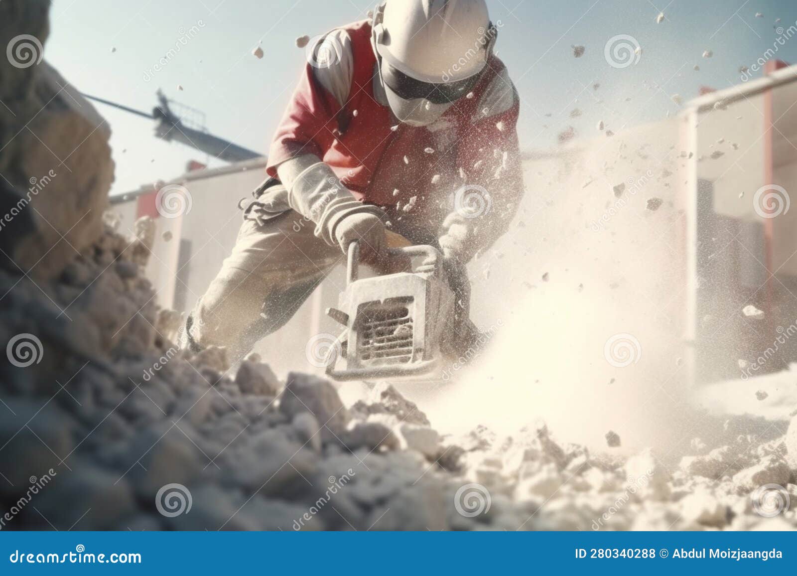 Dynamic Construction Scene, Workers Breaking Reinforced Concrete With ...