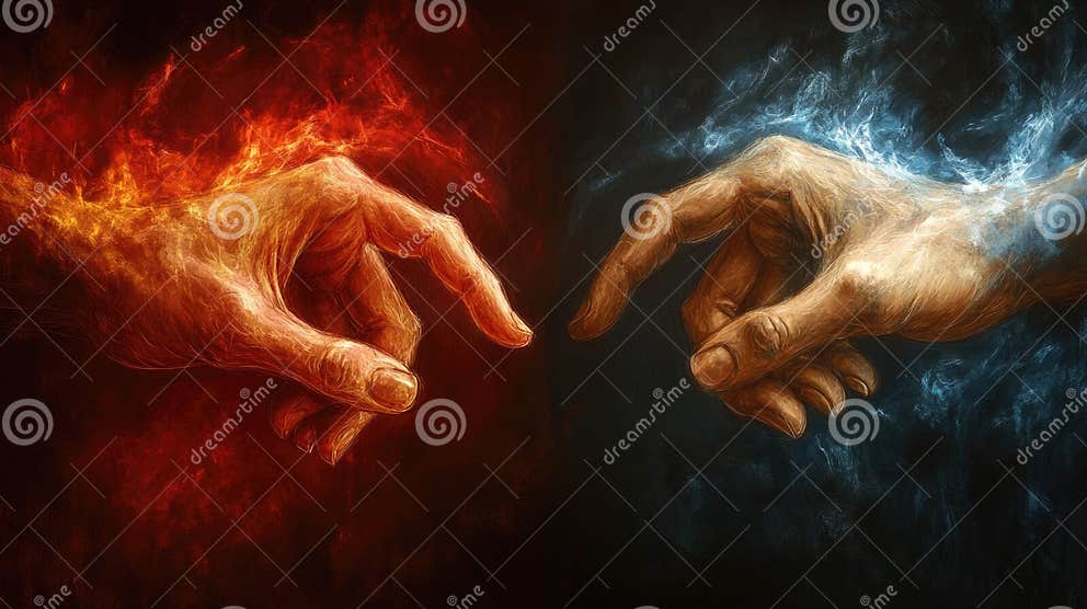 Dynamic Contrast of Fiery and Icy Hands in Artistic Expression Stock ...
