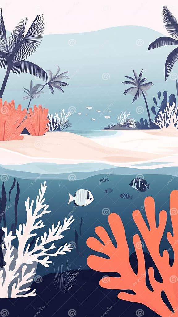 Dynamic Coral Reef Setting with a Tropical Beach and Sea Stock Photo ...
