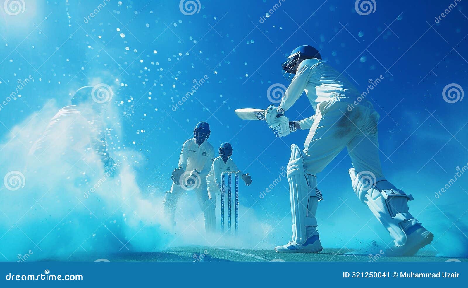 Dynamic Cricket Players in Action, Mid-pitch, on a Sleek Blue Backdrop ...
