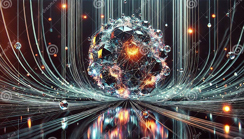 Dynamic Crystal Spheres Encased in Glowing Neon Threads, Suspended Over ...