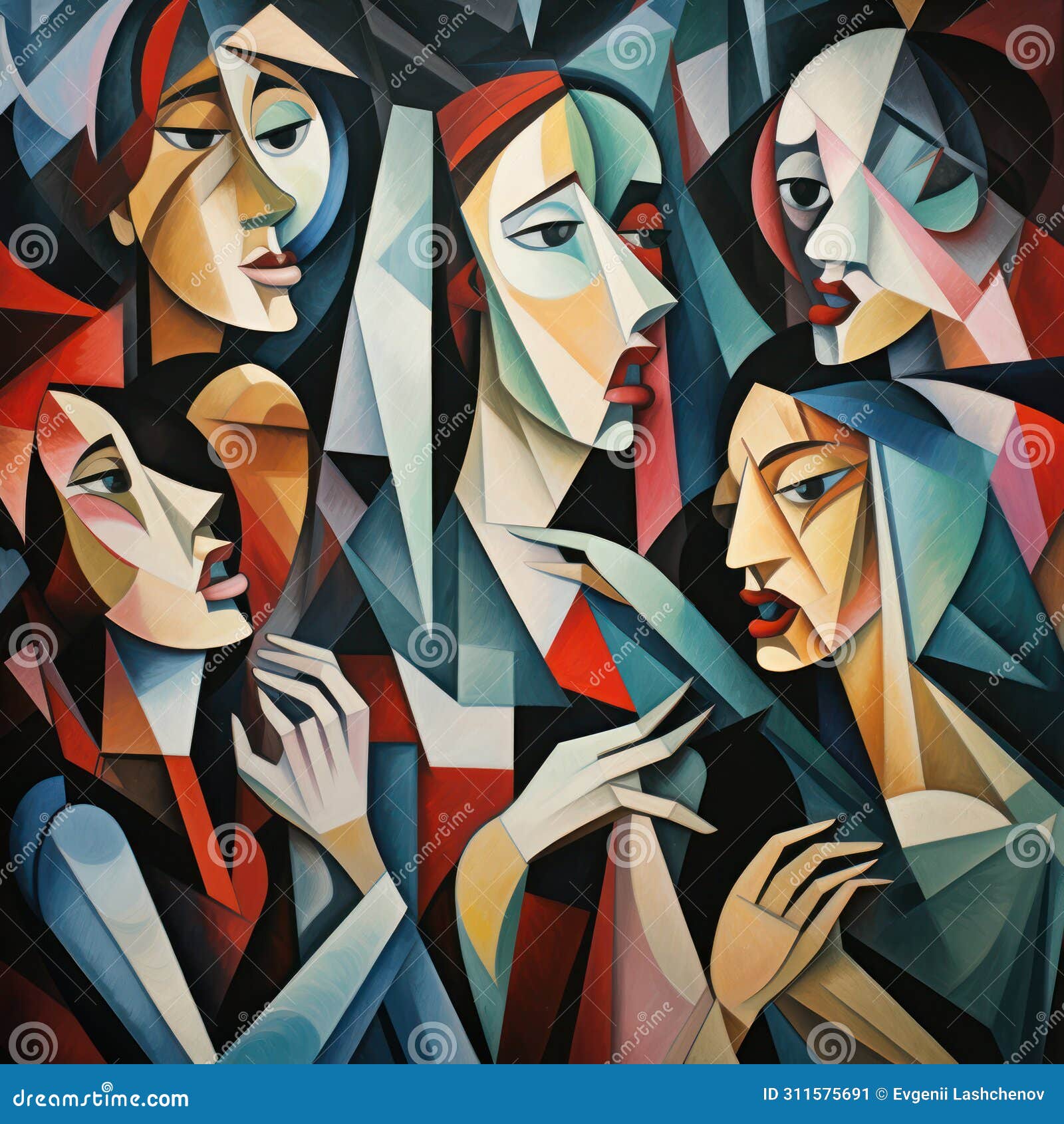 A Dynamic Cubist Artwork Depicting a Conversation among Abstract Female ...