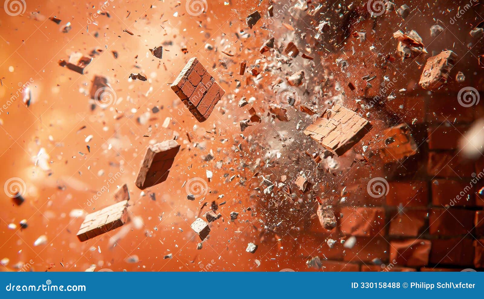Dynamic 3D Render Depicting a Red Brick Wall Mid-explosion, with Bricks ...