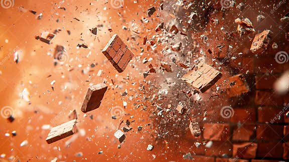 Dynamic 3D Render Depicting a Red Brick Wall Mid-explosion, with Bricks ...