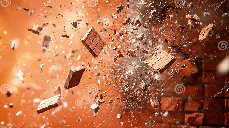 Dynamic 3D Render Depicting a Red Brick Wall Mid-explosion, with Bricks ...