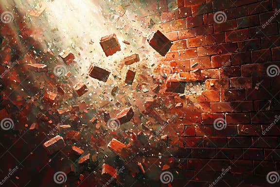 Dynamic 3D Render Depicting a Red Brick Wall Mid-explosion, with Bricks ...